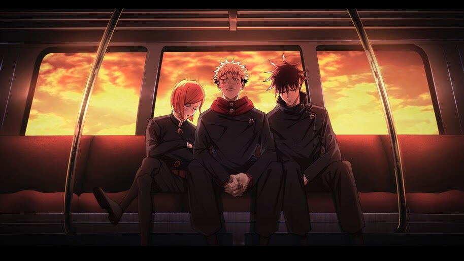 73079 Jujutsu Kaisen Yuji Megumi Nobara Riding Train 4k Wallpaper