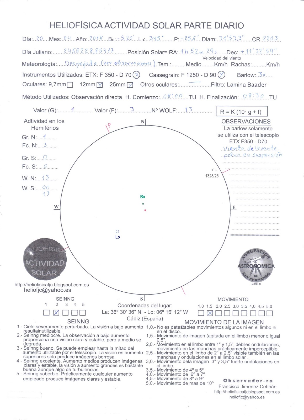 Heliofísica: [OBSERVACIÓN SOLAR / SOLAR OBSERVATION 20/04/2018]