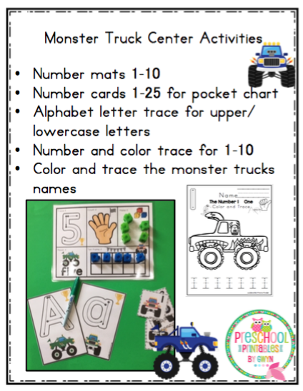 Monster Trucks Center Activities ~ Preschool Printables