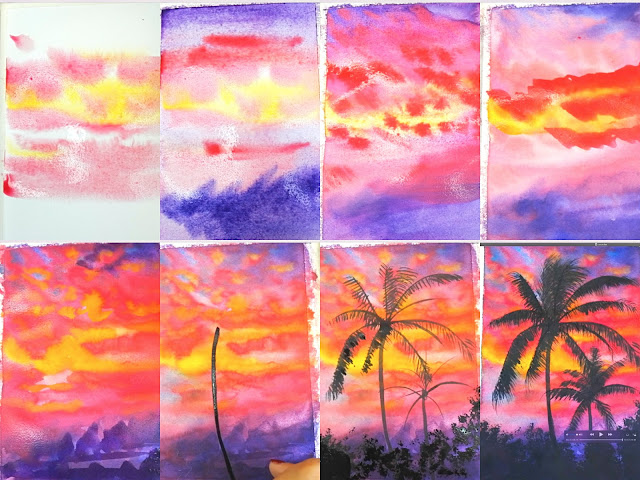 How to draw Watercolor sunset landscape with palm tree step by step ...
