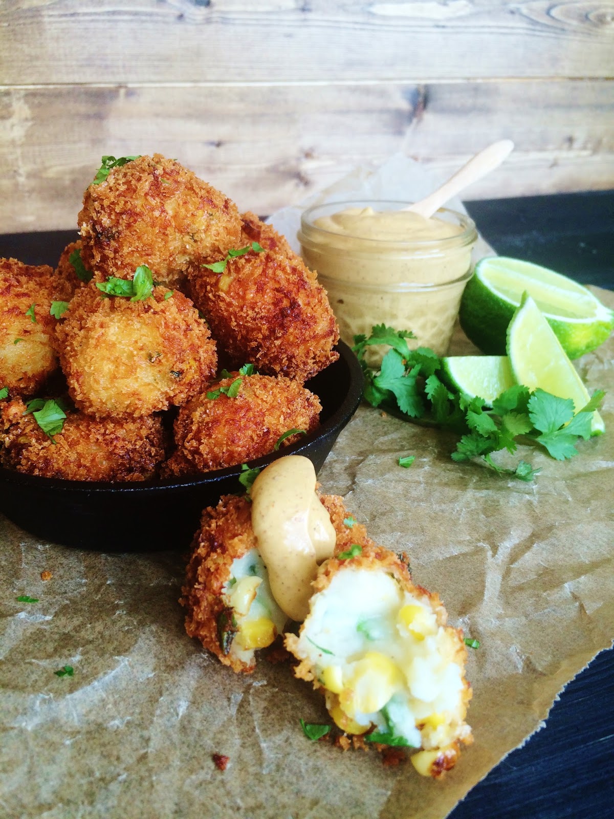 Fleur De-Lectable: Street Corn Mashed Potato Poppers with Ancho-cado Dip