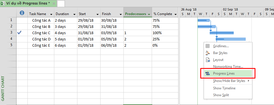 Bật Progress lines trong Ms Project ~ ĐÀM TÀI CAP
