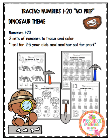 Dinosaur Number Trace 1-20 "No Prep" ~ Preschool Printables