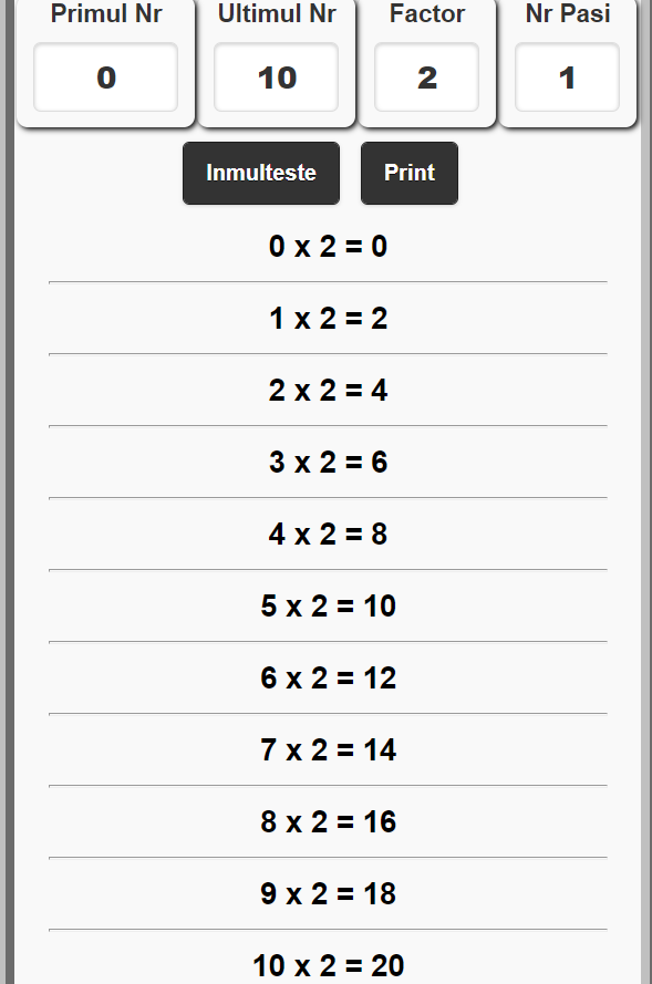 Tabla Inmultirii online numarul / nr 1, 2, 3, 4, 5, 6, 7, 8, 9, 10 etc