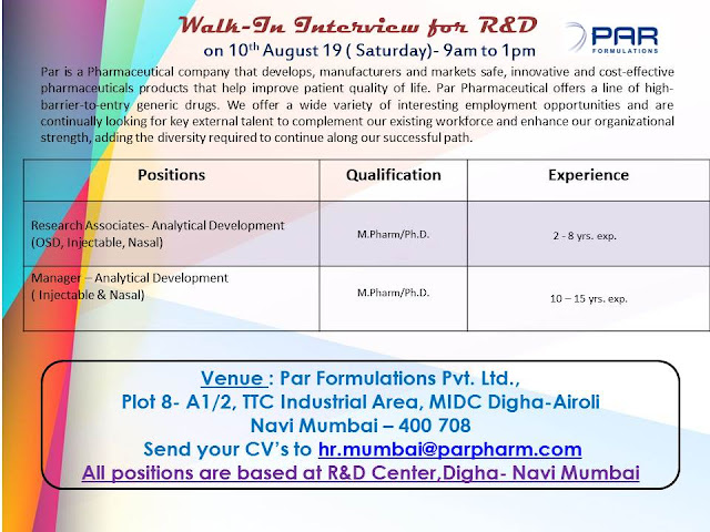 Walk-in Interview for R&D @PAR Formulation ~ Natural herbs