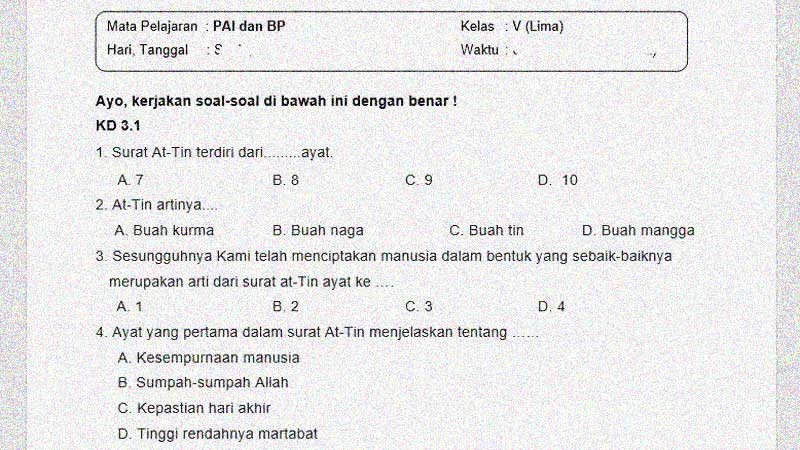 Soal dan Kunci Jawaban PTS Mapel PAI dan BP Kelas 5 Semester 1 - SekolahDasar.Net