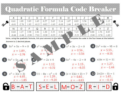 Quadratic Formula Codebreaker Activity ~ TenTors Math Teacher Resources