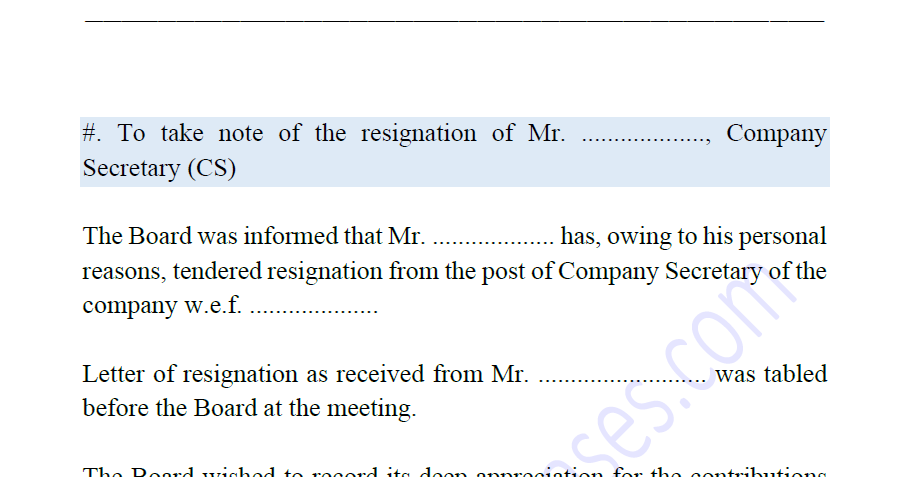 Resignation of Company Secretary CS Board Resolution Format