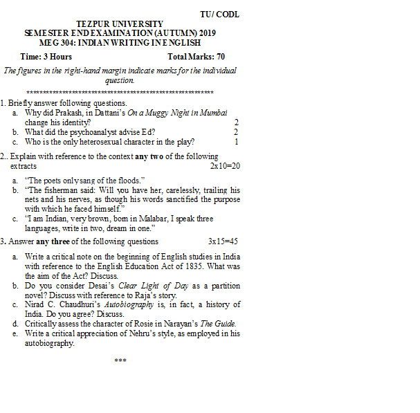 TEZPUR UNIVERSITY (TU/CODL) SEMESTER END MEG 304: INDIAN WRITING IN ...
