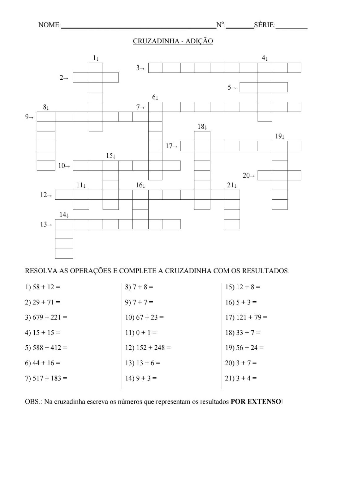 Cruzadinha: adição, subtração, multiplicação e divisão Cruzadinha das ...