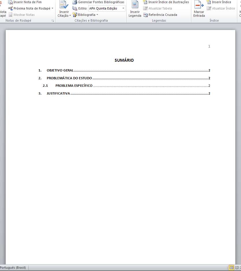 Como fazer sumário no Word 2010