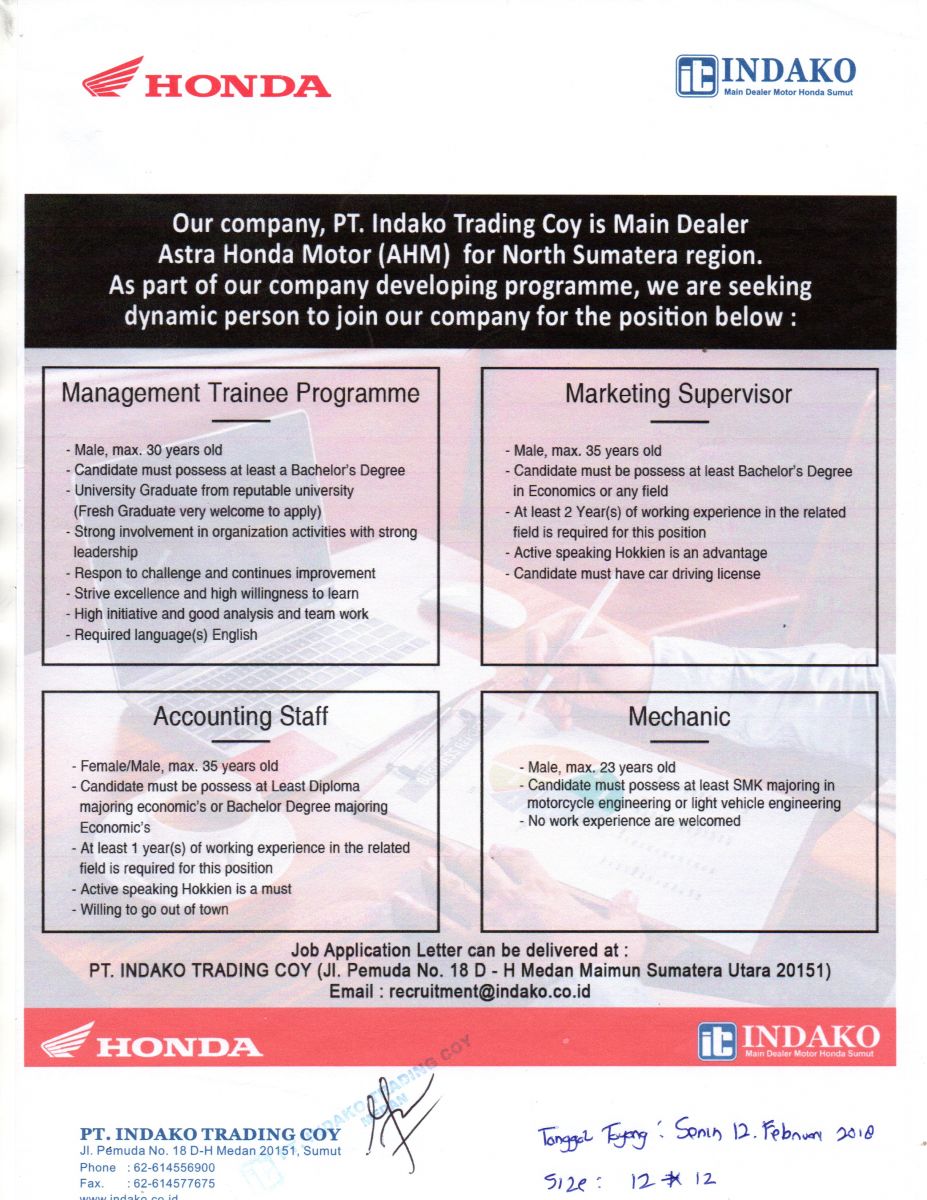 Lowongan Kerja PT. Indako Trading Coy Medan - Lowongan Kerja Medan SMA ...