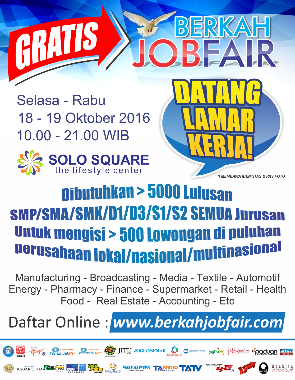 Gratis !! Bursa Lowongan Kerja Berkah Job Fair 2016 di Solo Square Tanggal 18 - 19 Oktober 2016 ...