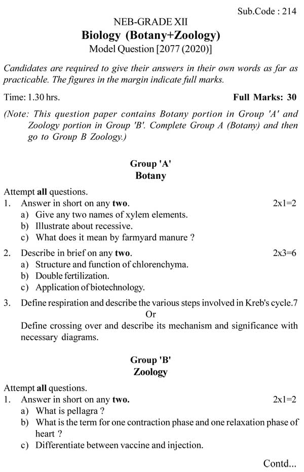 NEB Grade 12 Biology Model Questions