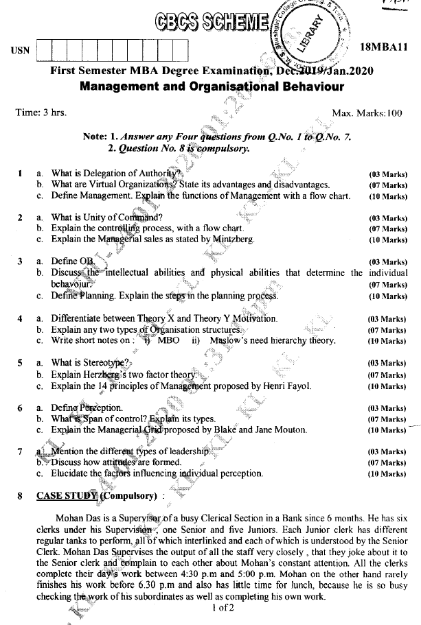 Visvesvaraya Technological University MBA (CBCS) First Semester 18MBA11 ...