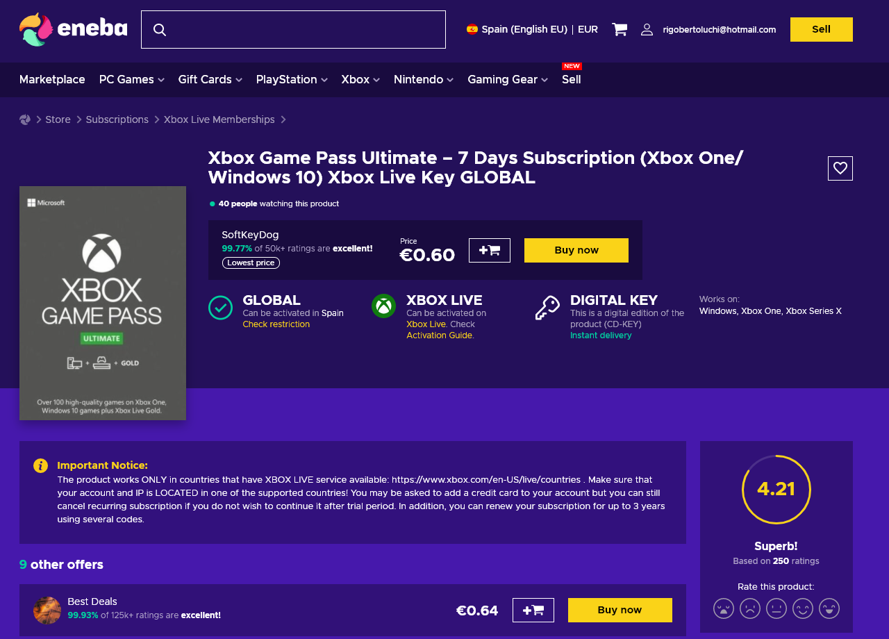 Superoferta en Eneba: código de 7 días Game Pass Ultimate por 0,69€
