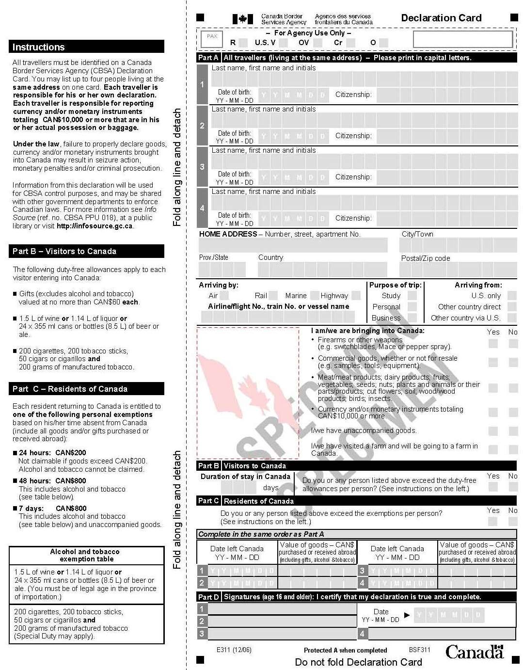 캐나다(Canada) 입국 시 작성하는 출입국 신고서 - 나라별 출입국 정보 - 항공여행정보