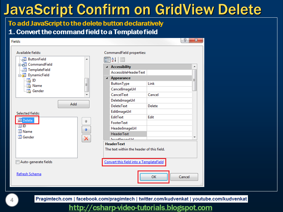 Sql server, .net and c# video tutorial: JavaScript confirm on gridview ... Sql server, .net and c# video tutorial: JavaScript confirm on gridview ...