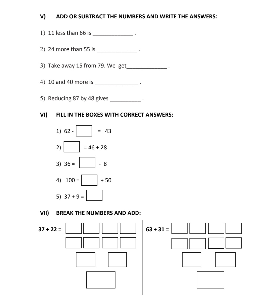 Worksheet on Give and Take KV 3 Maths - FORTUNE ACADEMY