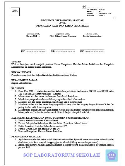 Standard Operating Procedure atau SOP Laboratorium Sekolah - Dokumen Sekolah Dasar