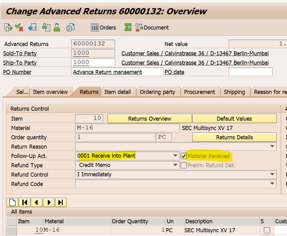 SAP SD - Advance Return Management for customer Returns
