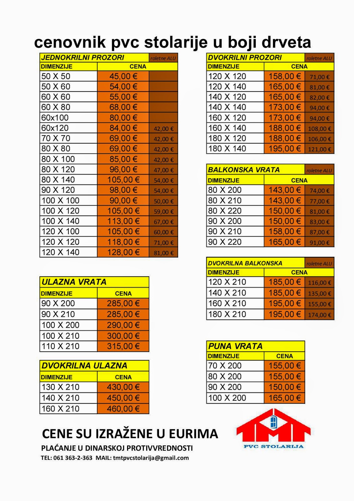 TMT PVC STOLARIJA: CENOVNIK
