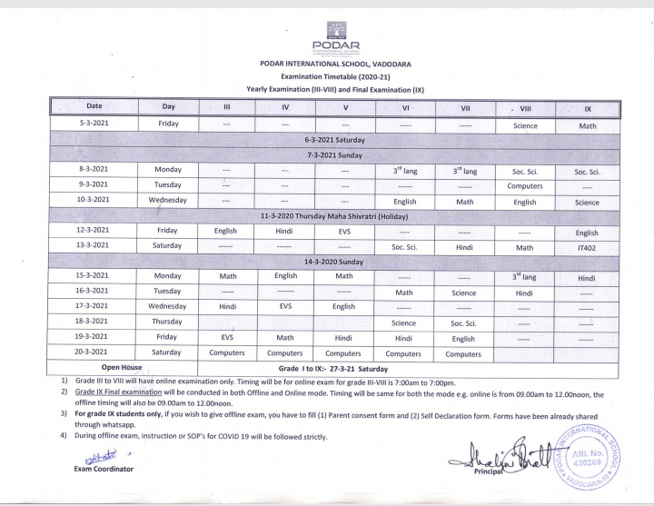 Yearly Examination Time Table