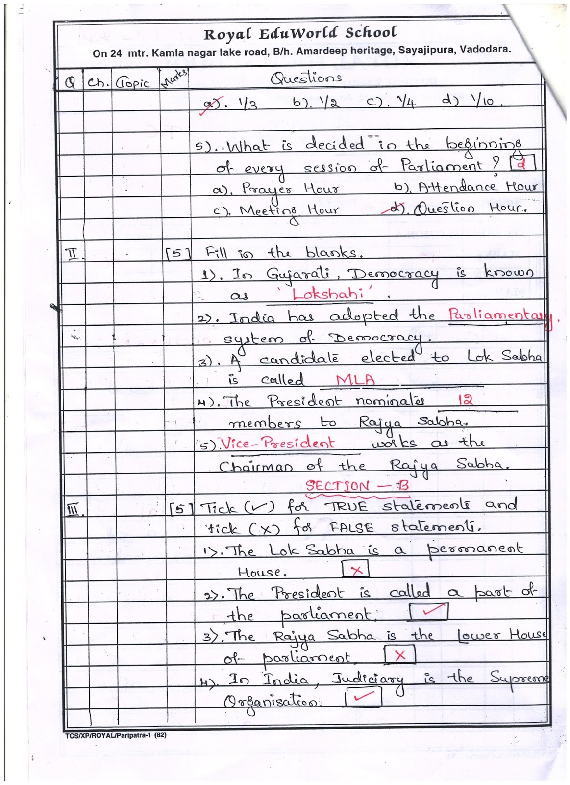 8th STD. Unit Test Paper-S.S.