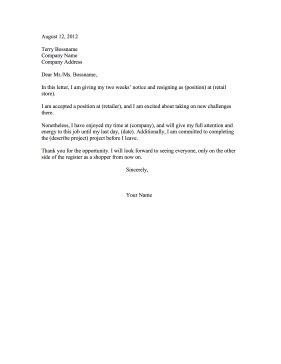Letter Of Resignation Retail - Formal Letters