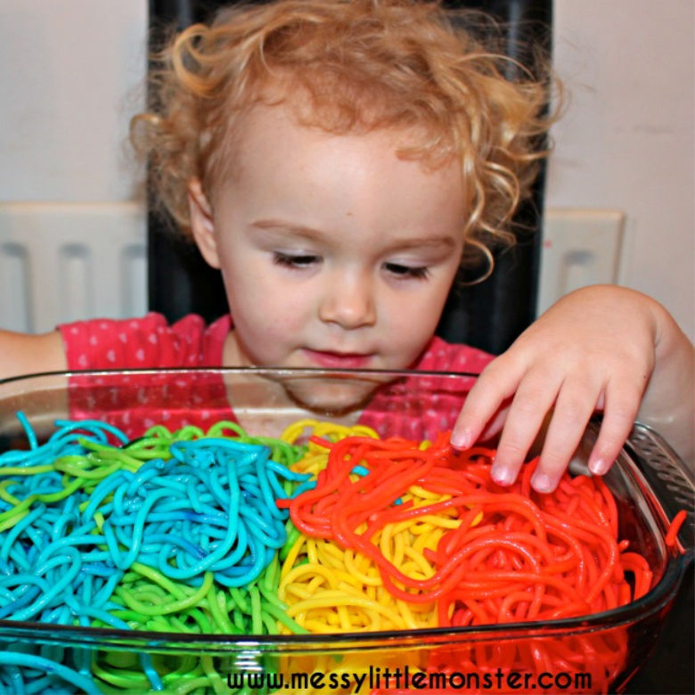 How to Make Rainbow Spaghetti for Sensory Play - Messy Little Monster