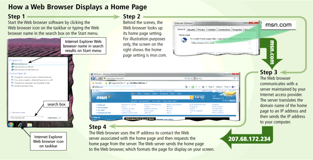 Explain about web browser, web address, web page navigation, web searching