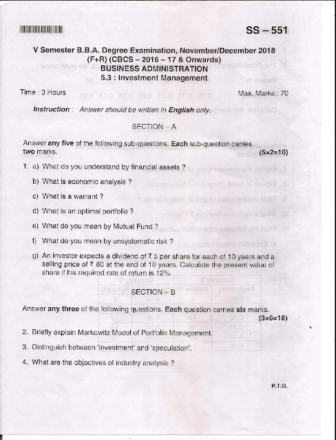 Bangalore University B.B.A. Business Administration 5.3 : Investment ...