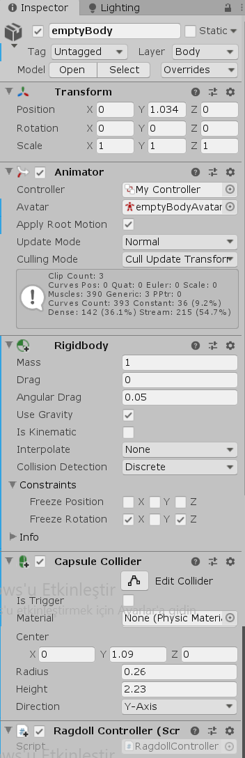 Creating a ragdoll to animation transition in Unity 2019