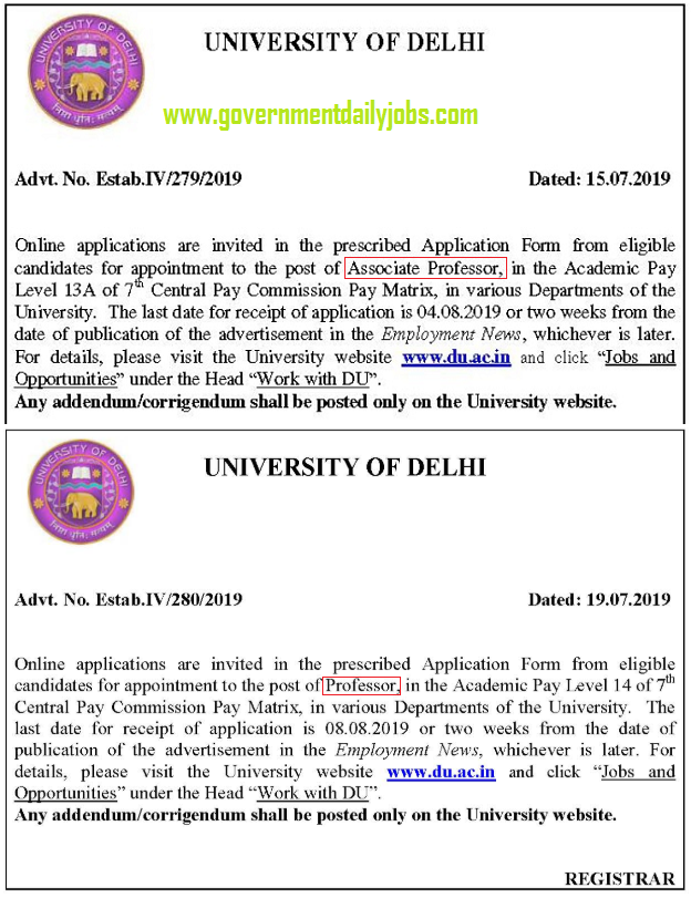 DELHI UNIVERSITY RECRUITMENT 2019 NOTIFICATION FOR 594 FACULTY POSTS