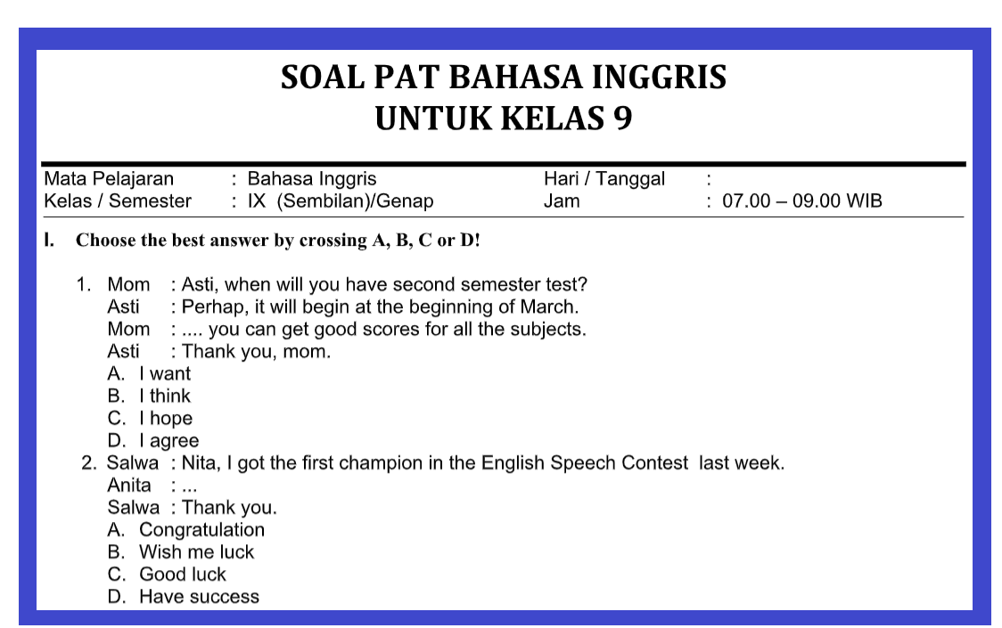 Soal PAT Bahasa Inggris Kelas 9 Semester 2 Tahun 2021 - Modul Ajar Kurikulum Merdeka