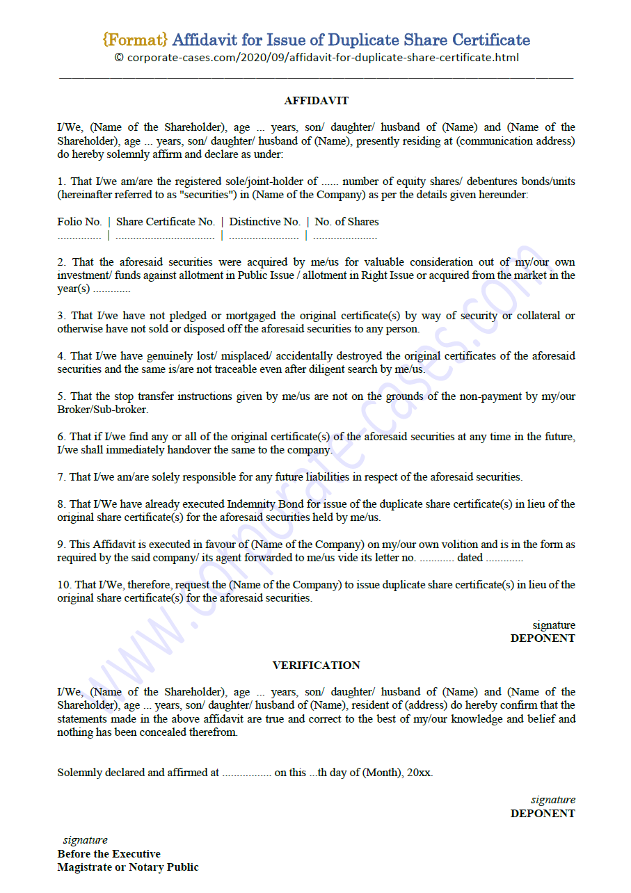 Affidavit For Issue Of Duplicate Share Certificate Format Affidavit For Issue Of Duplicate Share Certificate Format