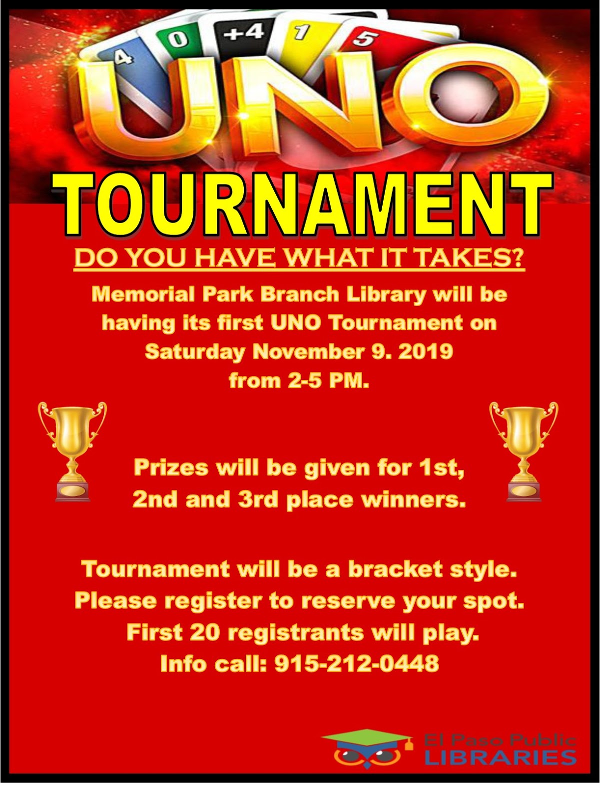 Memorial Park Branch Library: UNO tournament 11/9/2019