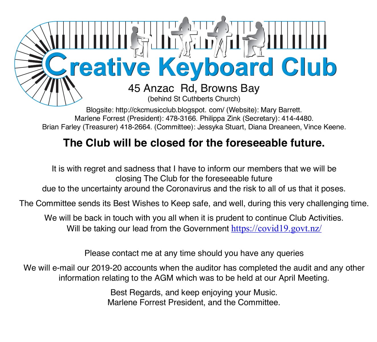 Creative Keyboard Club: Creative Keyboard Club Special Notice March 2020