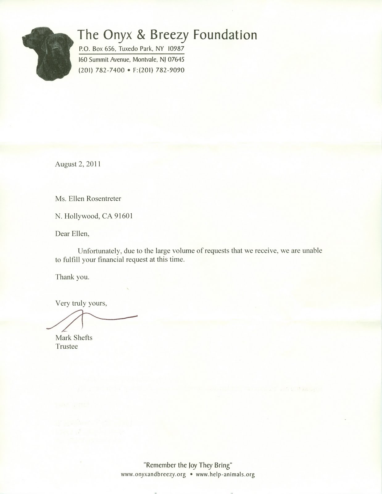 Sponsor Claire: Onyx & Breezy Foundation Denial Letter