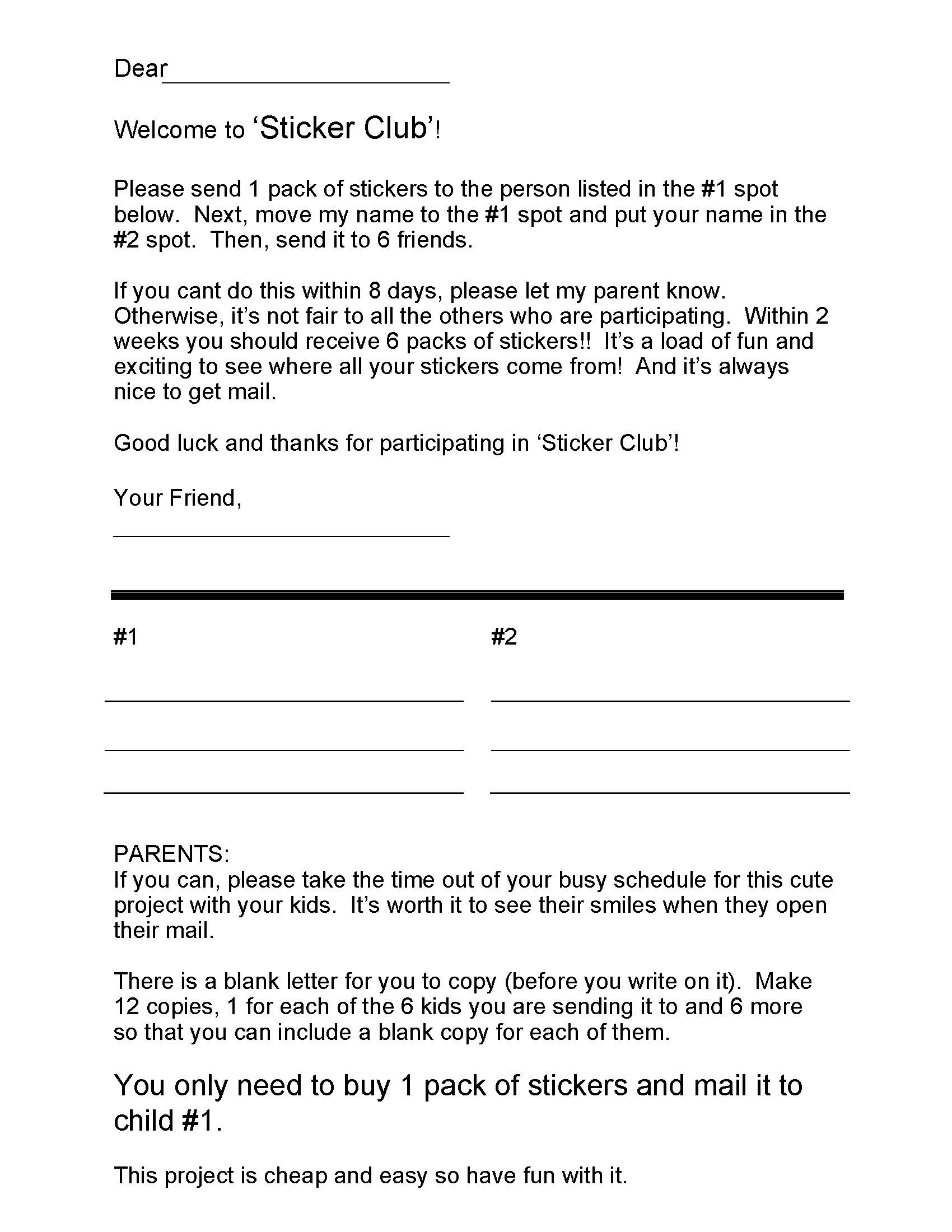 Sticker Club Letter Template for PARENTS! DADS! GUARDIANS! & SIBLINGS!