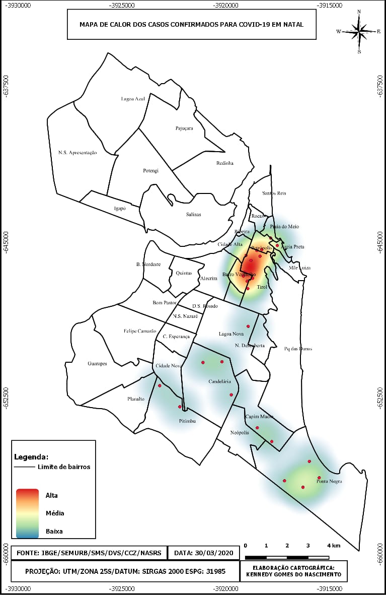 MAPA MOSTRA CASOS CONFIRMADOS DE COVID-19 EM BAIRROS DE NATAL