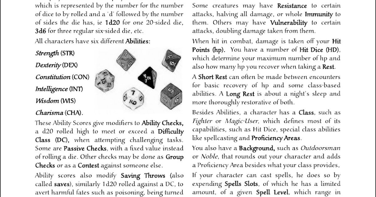 1-page rules summary of 5e / Into the Unknown (B/X-5e Hack)