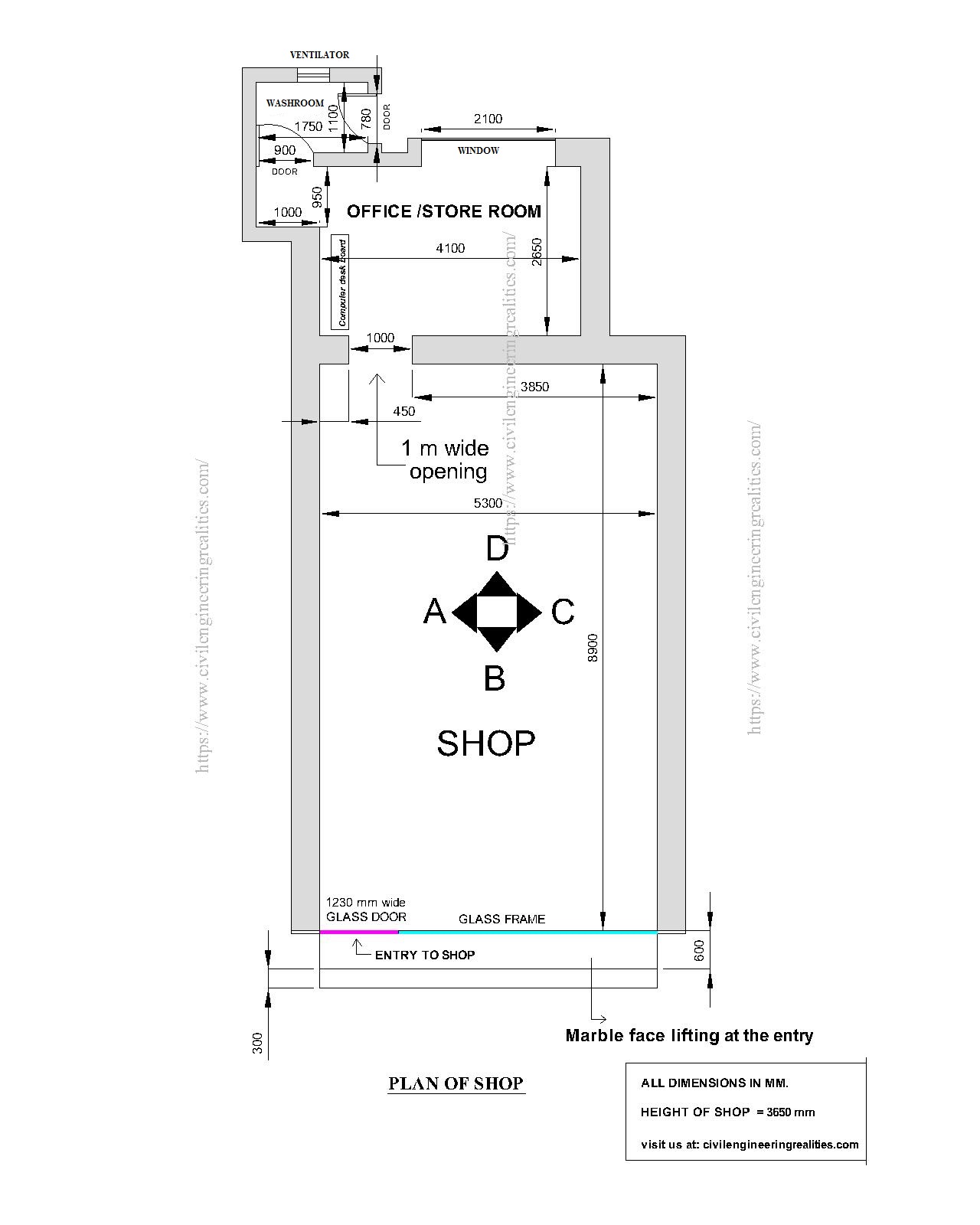Plan of Shop 5.3 m x 8.9 m with Office Store and Washroom