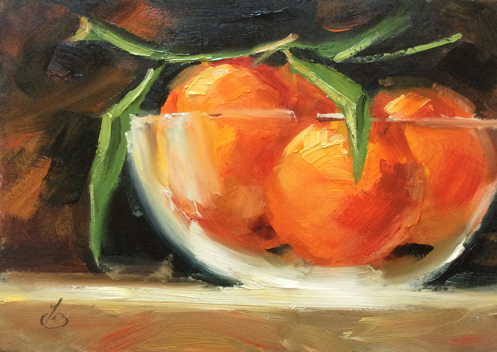 TOM BROWN FINE ART: ORANGES, COLORFUL 5x7 STILL LIFE by TOM BROWN
