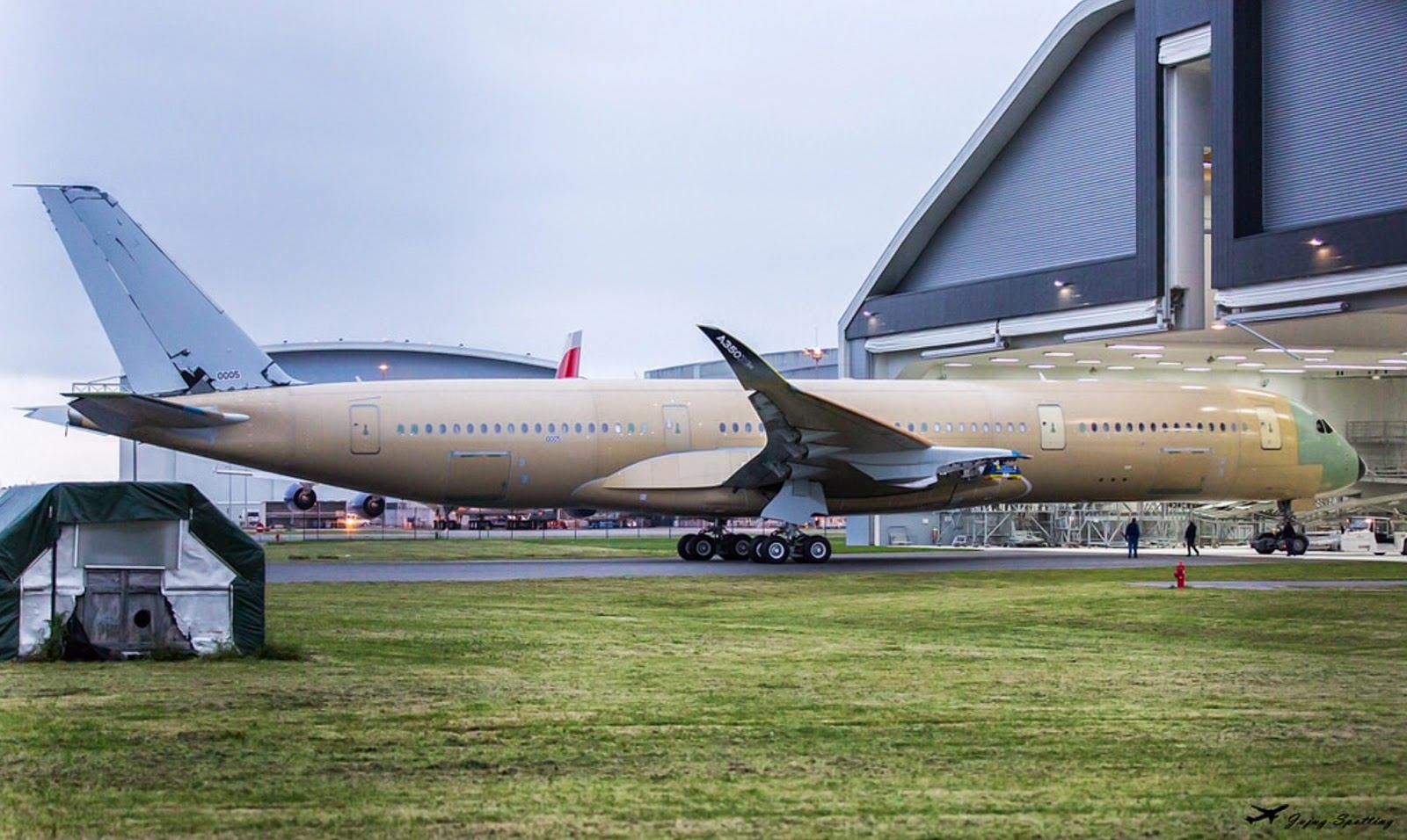 A350 XWB News: A350 fifth flight-test aircraft goes to the paint-shop.