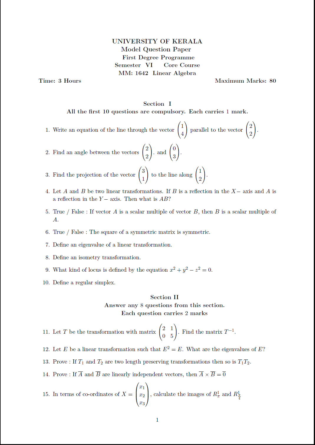 Kerala University B.Sc Linear Algebra 2016 Question Paper - University ...