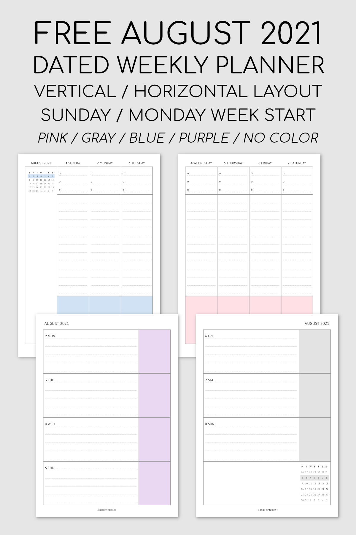 Printable August 2021 Weekly Planners - Week on Two Pages