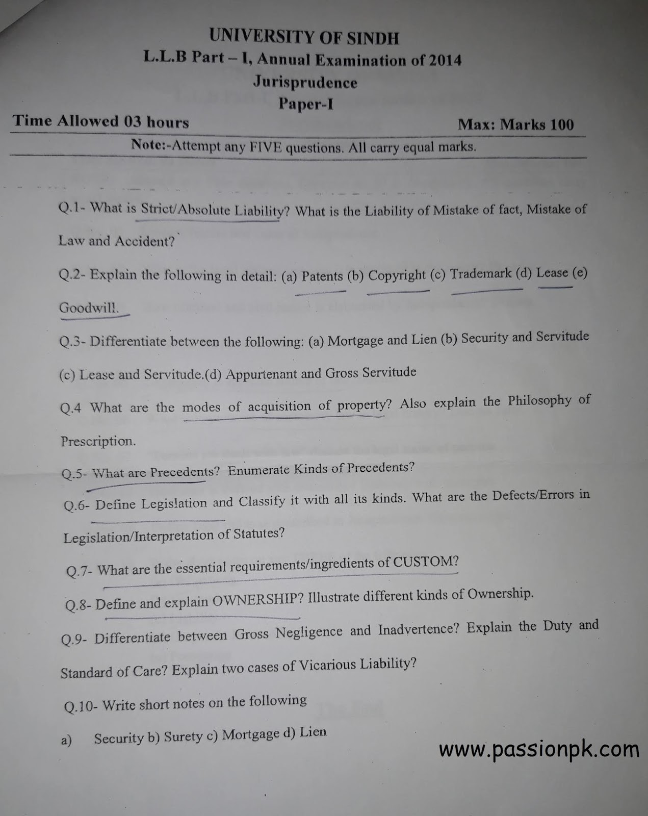 PASSIONPK: Sindh University LLB Part 1 Past Papers Of Jurisprudence