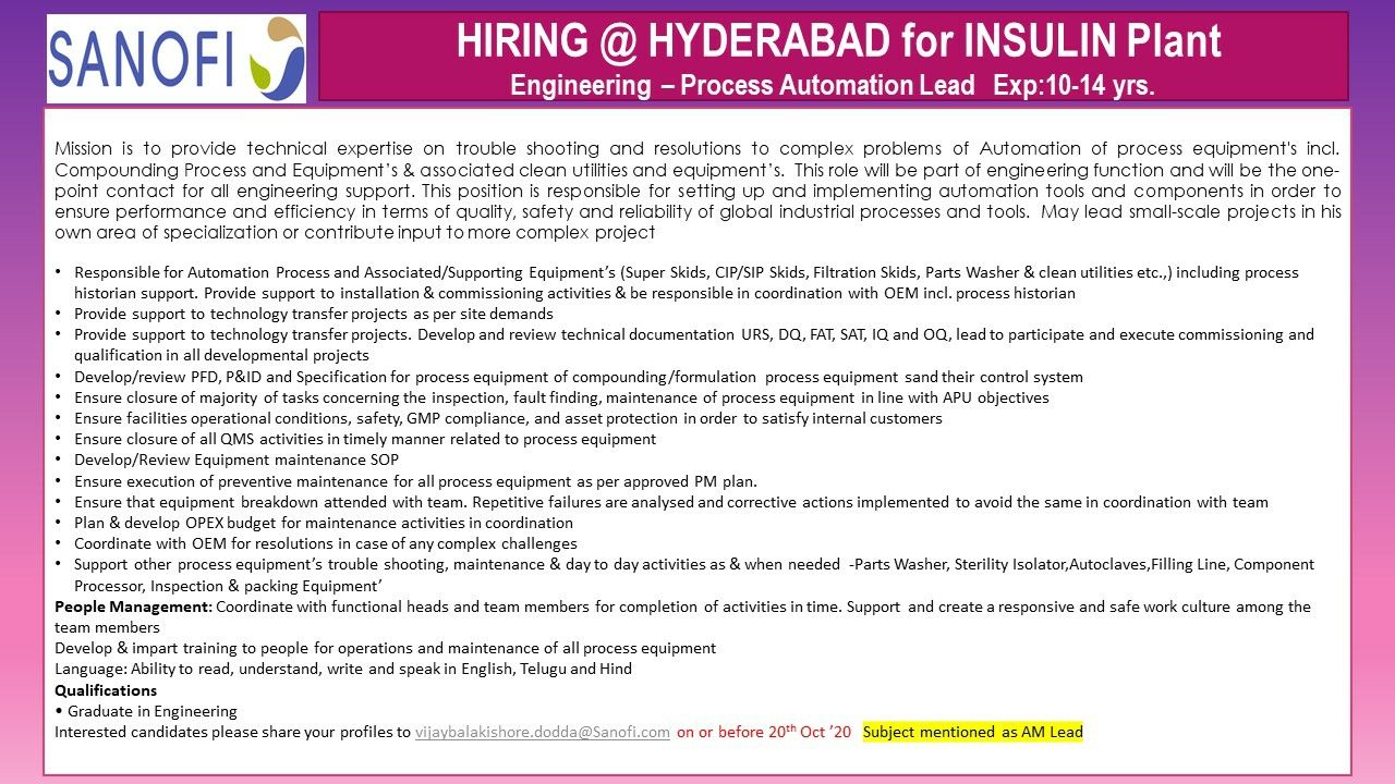 Sanofi - Hiring @ Hyderabad for Insulin Plant | Engineering Department ... Sanofi - Hiring @ Hyderabad for Insulin Plant | Engineering Department ...