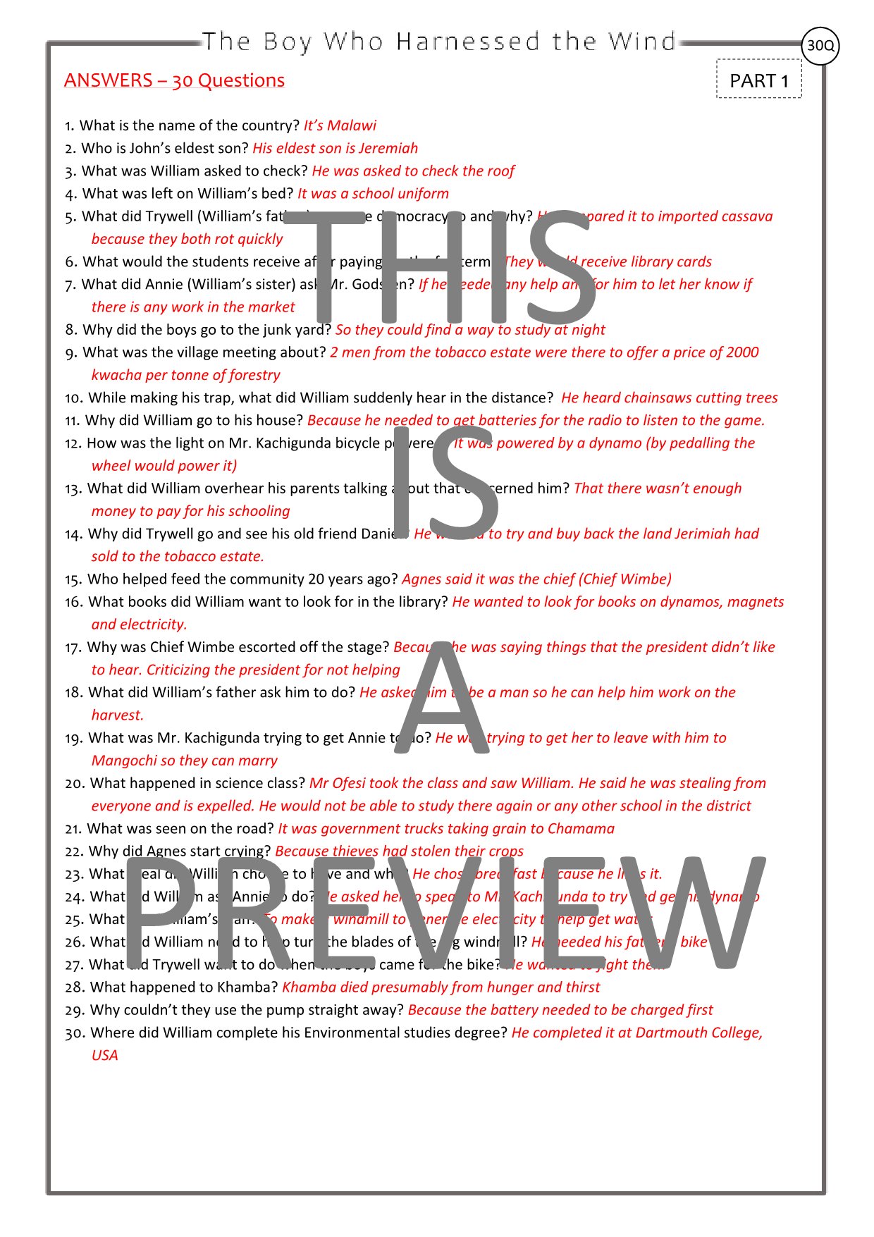 The Boy Who Harnessed the Wind + Activities - Answer Keys Included ...